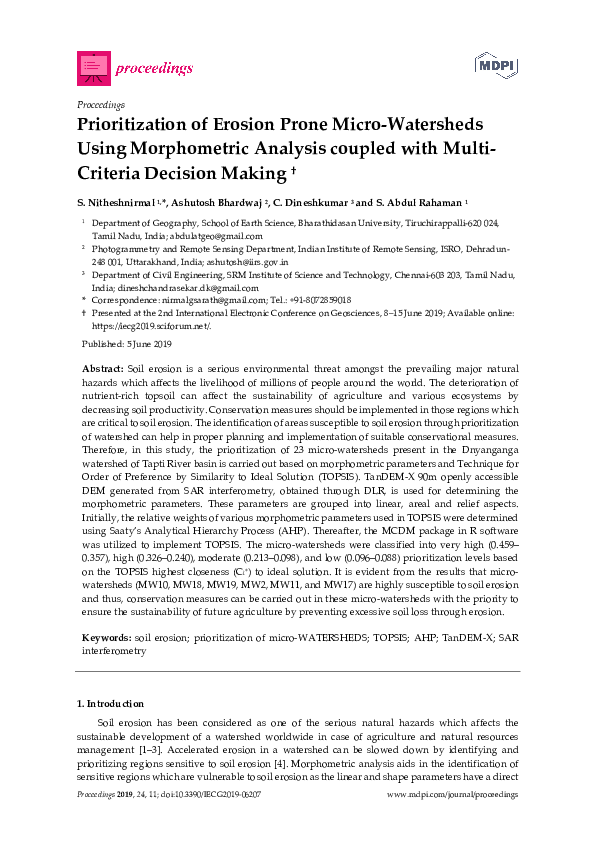 Pdf Prioritization Of Erosion Prone Micro Watersheds Using Morphometric Analysis Coupled With