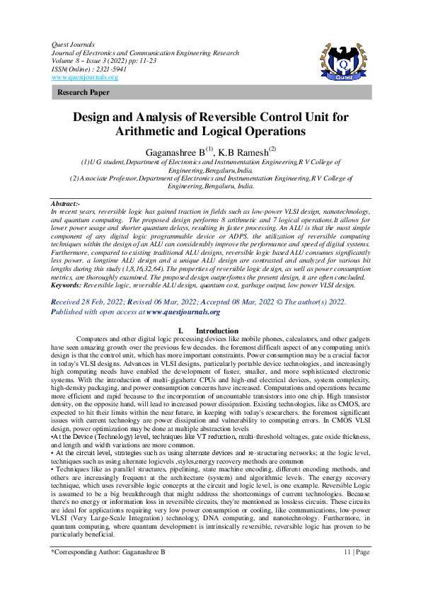 Pdf Design And Analysis Of Reversible Control Unit For Arithmetic And Logical Operations