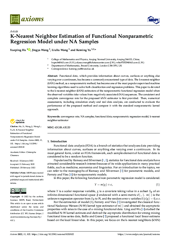 (PDF) K-Nearest Neighbor Estimation of Functional Nonparametric Regression Model under NA Samples