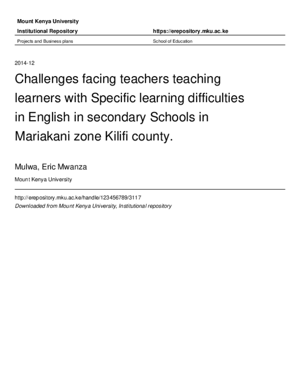 (PDF) Challenges facing teachers teaching learners with Specific ... (PDF) Challenges facing teachers teaching learners with Specific ...