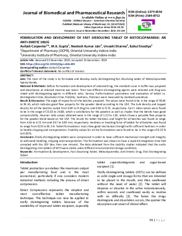 (PDF) Formulation and Development of Fast Dissolving Tablet of Metoclopramide: An Anti-Emetic Drug