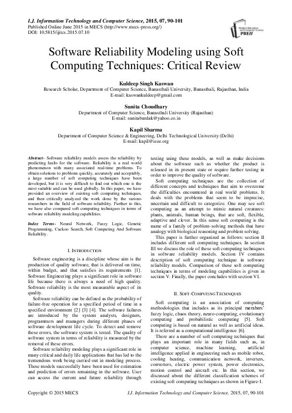 Pdf Software Reliability Modeling Using Soft Computing Techniques