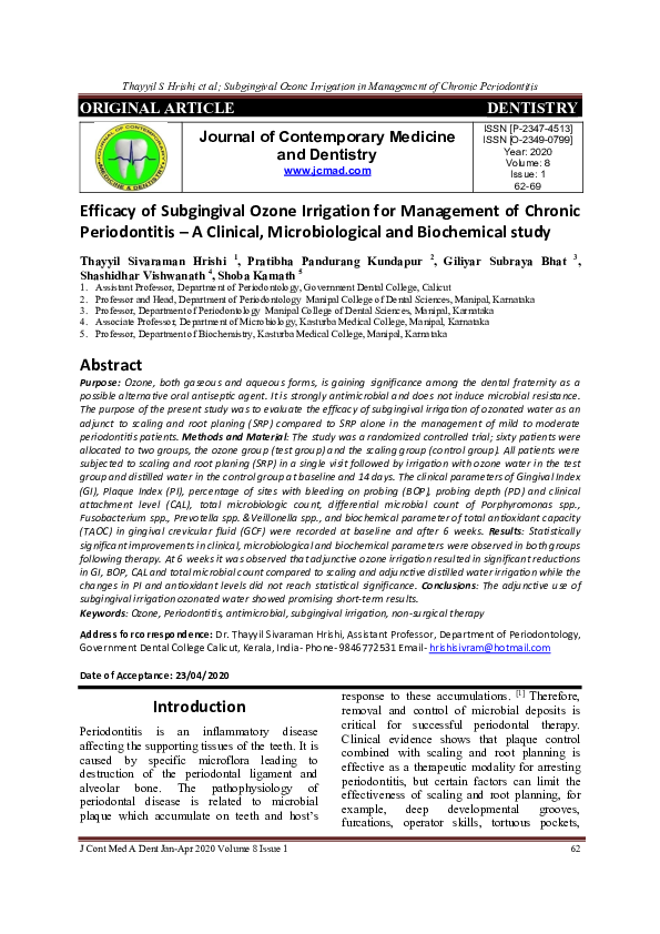 (PDF) Thayyil S Hrishi et al; Subgingival Ozone Irrigation in Management of Chronic Periodontitis