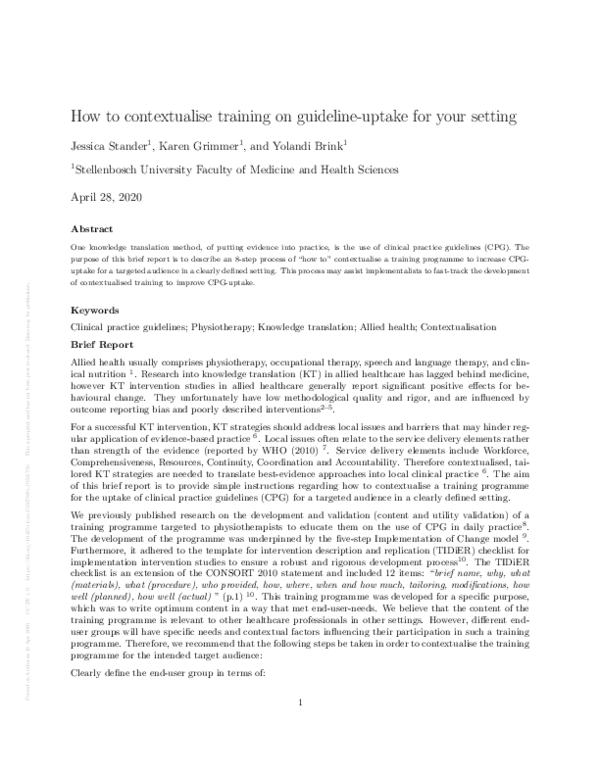 (PDF) How to contextualise training on guideline-uptake for your setting