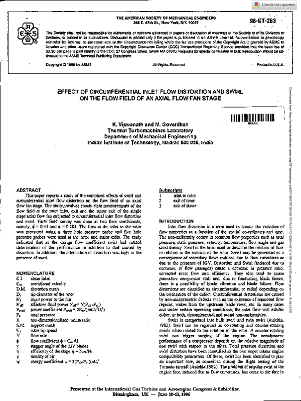 Pdf Effect Of Circumferential Inlet Flow Distortion And Swirl On The