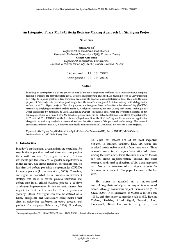 Pdf An Integrated Fuzzy Multi Criteria Decision Making Approach For Six Sigma Project Selection