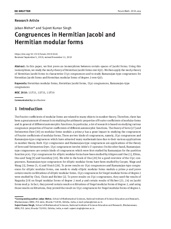 (PDF) Congruences in Hermitian Jacobi and Hermitian modular forms