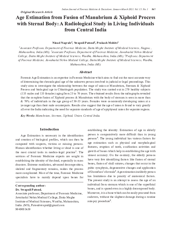 (PDF) Age Estimation from Fusion of Manubrium & Xiphoid Process with ...