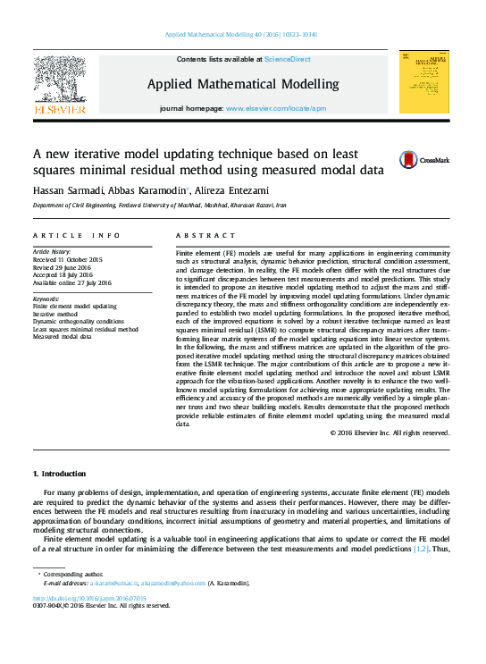 Pdf A New Iterative Model Updating Technique Based On Least Squares Minimal Residual Method