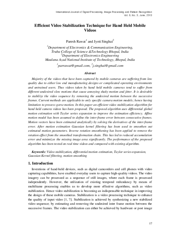 (PDF) Efficient Video Stabilization Technique for Hand Held Mobile