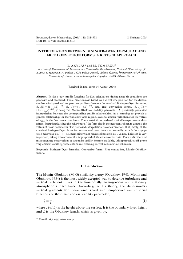 (PDF) Interpolation between Businger–Dyer Formulae and Free Convection ...