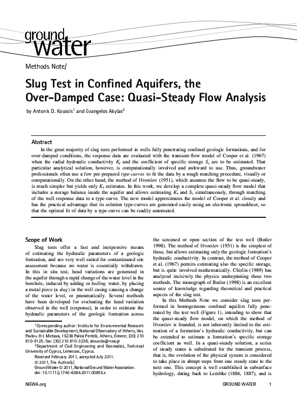 (PDF) Slug Test in Confined Aquifers, the Over-Damped Case: Quasi ...