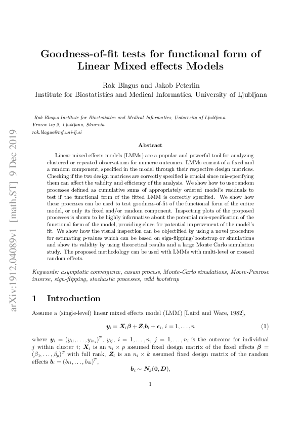 Pdf Goodness Of Fit Tests For Functional Form Of Linear Mixed Effects Models