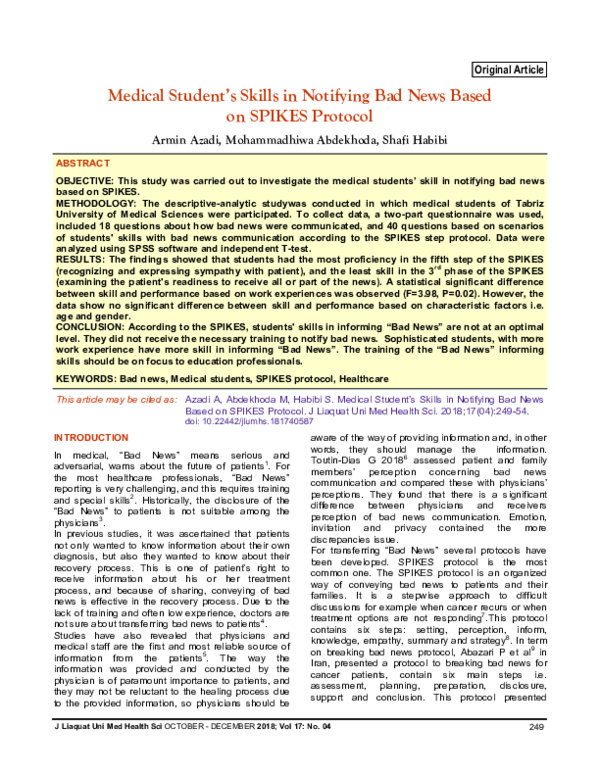 (PDF) Medical Student’s Skills in Notifying Bad News Based on SPIKES ...