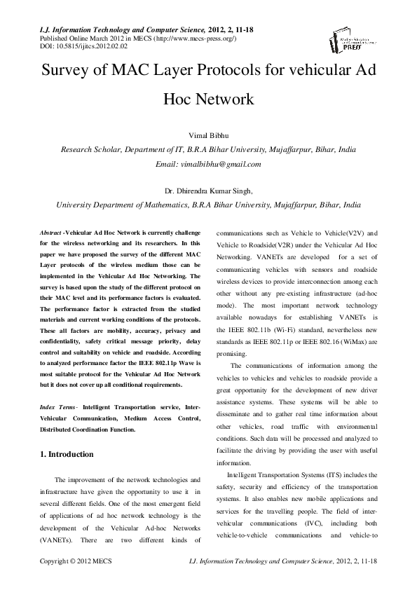 (PDF) Survey of MAC Layer Protocols for vehicular Ad Hoc Network