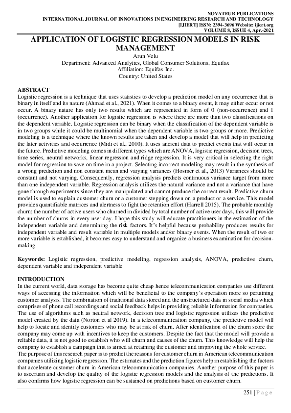 (PDF) APPLICATION OF LOGISTIC REGRESSION MODELS IN RISK MANAGEMENT