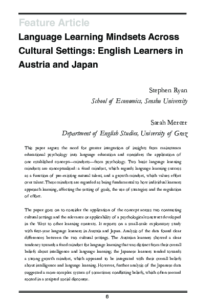 (PDF) Feature Article Language Learning Mindsets Across Cultural ...