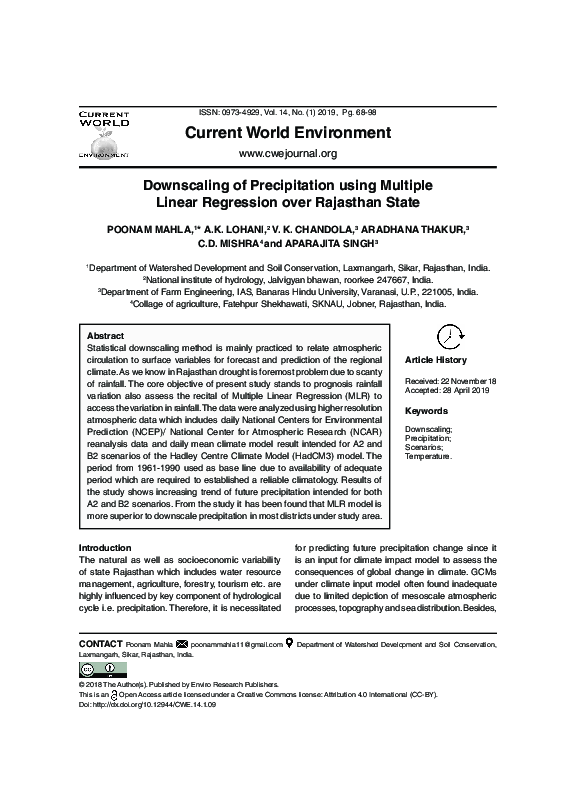Pdf Downscaling Of Precipitation Using Multiple Linear Regression Over Rajasthan State