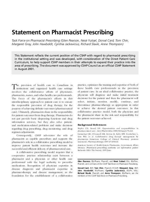 Statement on Pharmacist Prescribing