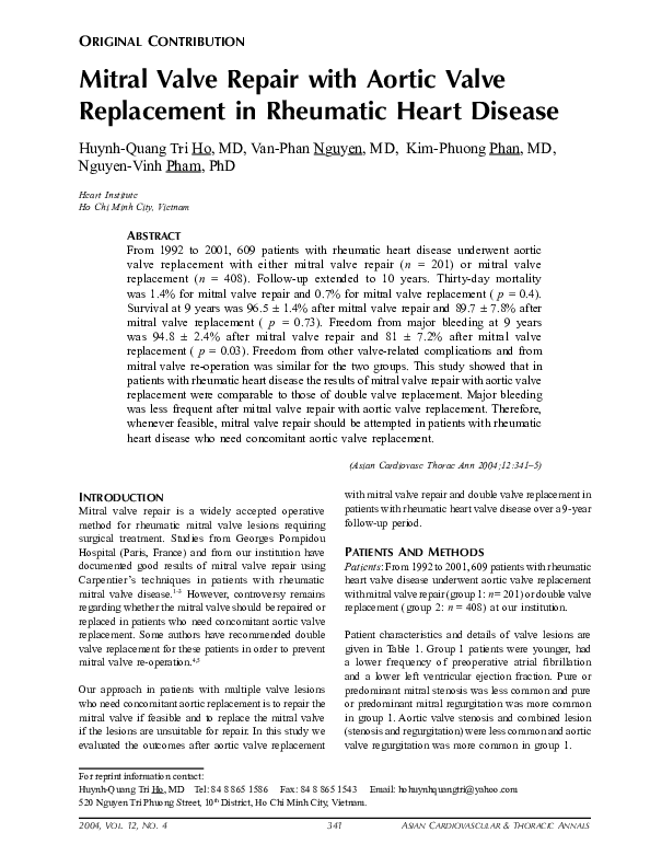 (PDF) Mitral Valve Repair with Aortic Valve Replacement in Rheumatic ...