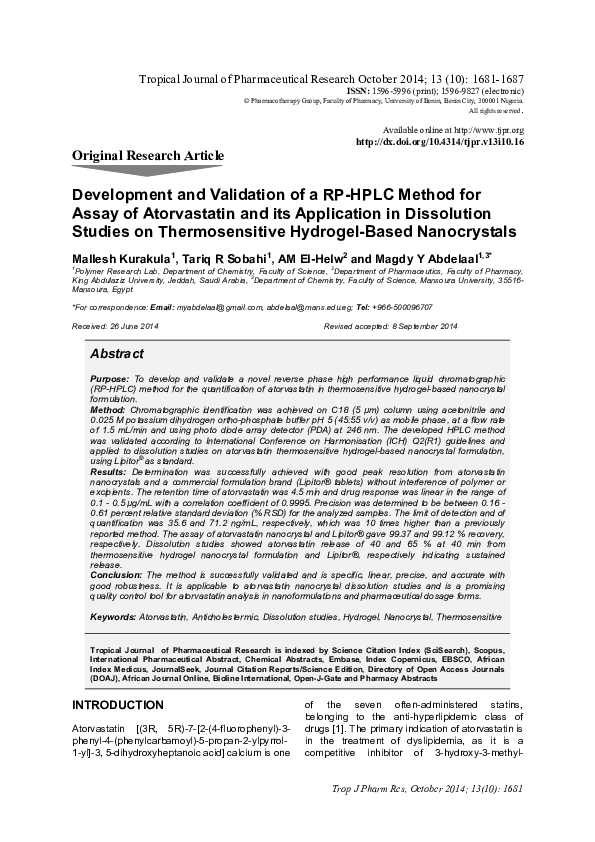 (PDF) Development and Validation of a RP-HPLC Method for Assay of Atorvastatin and its ...