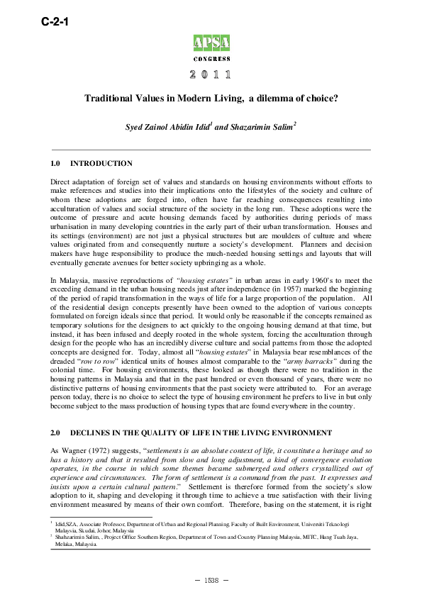 (PDF) Traditional Values in Modern Living, a dilemma of choice?