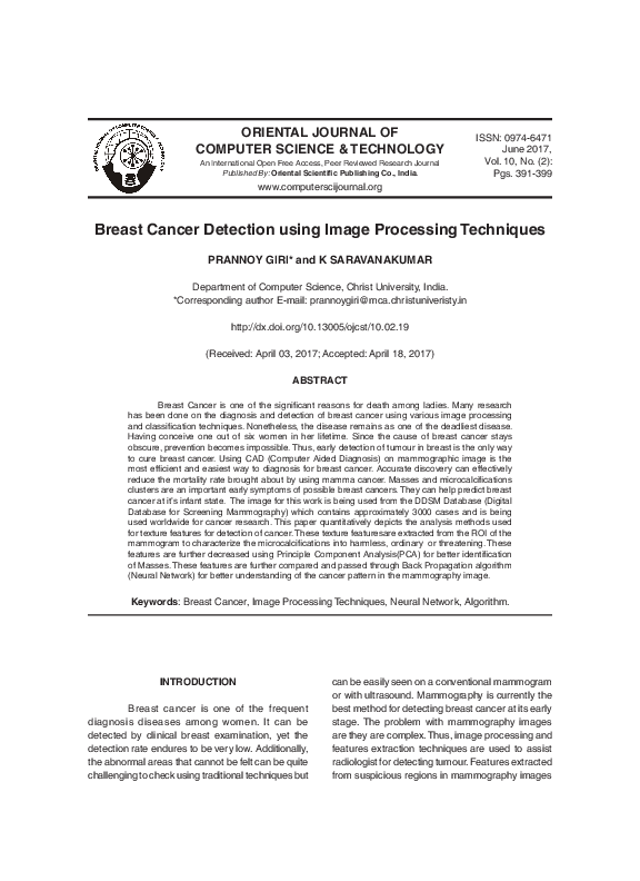 (PDF) Breast cancer detection using image processing techniques