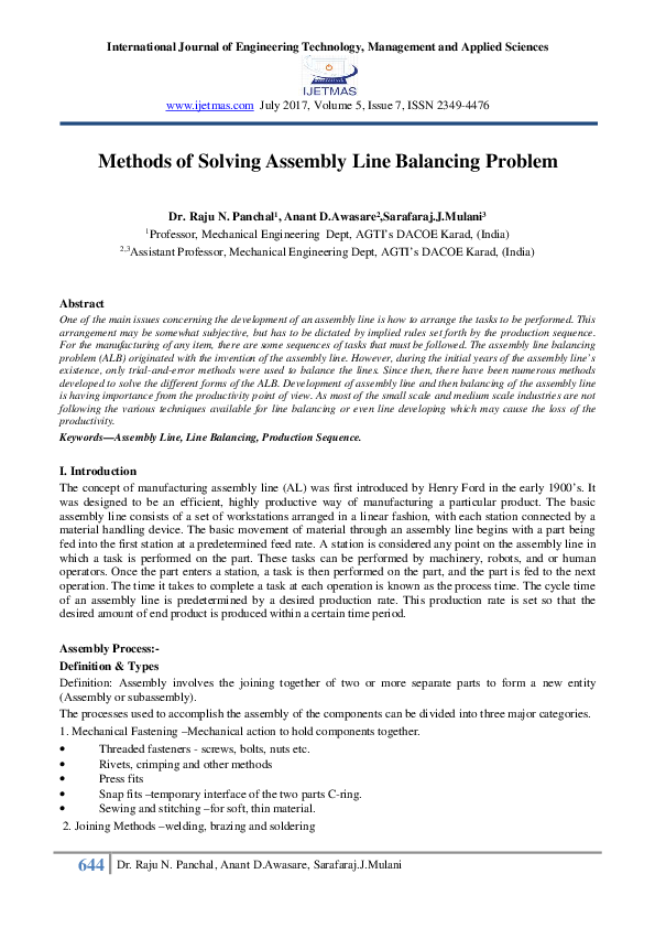 Pdf Methods Of Solving Assembly Line Balancing Problem