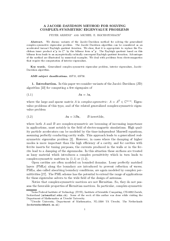 (PDF) A Jacobi-Davidson method for solving complex symmetric eigenvalue problems