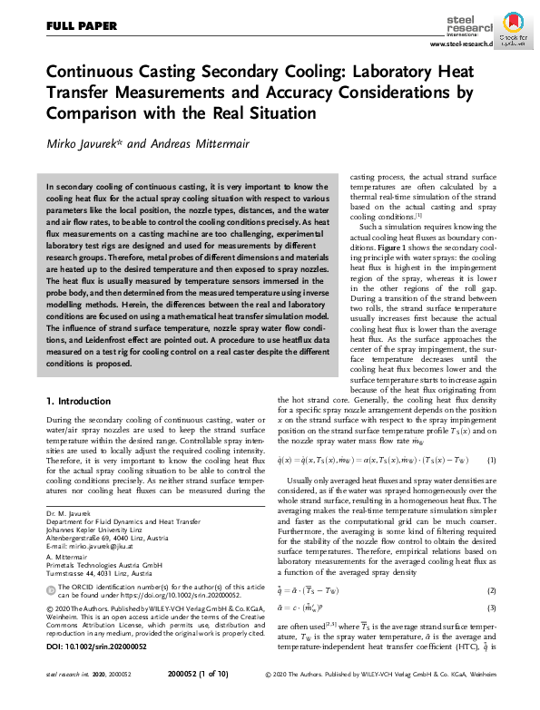 (PDF) Continuous Casting Secondary Cooling: Laboratory Heat Transfer ...