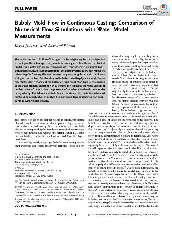 (PDF) Bubbly Mold Flow in Continuous Casting: Comparison of Numerical Flow Simulations with ...