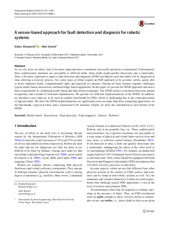 (PDF) A sensor-based approach for fault detection and diagnosis for robotic systems