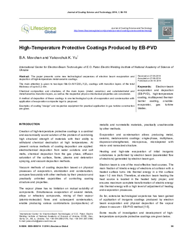(PDF) High-Temperature Protective Coatings Produced by EB-PVD
