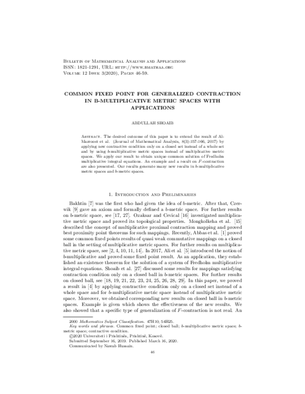 Pdf Common Fixed Point For Generalized Contraction In B