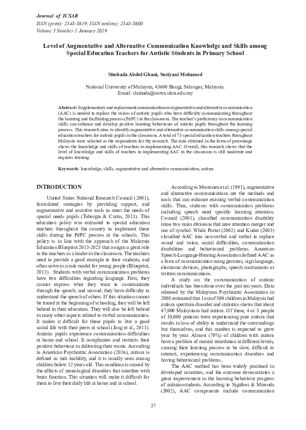 (PDF) Level of Augmentative and Alternative Communication Knowledge and Skills among Special ...