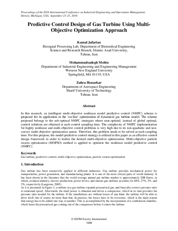 Pdf Predictive Control Design Of Gas Turbine Using Multi Objective
