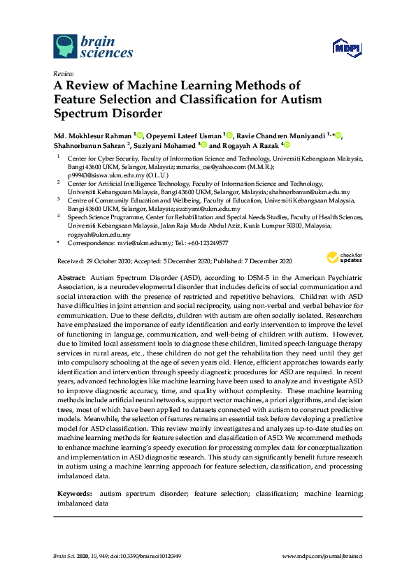 Pdf A Review Of Machine Learning Methods Of Feature Selection And Classification For Autism