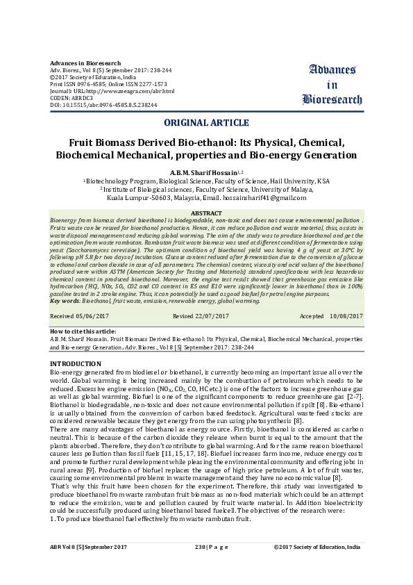 (PDF) Fruit Biomass Derived Bio-ethanol: Its Physical, Chemical ...