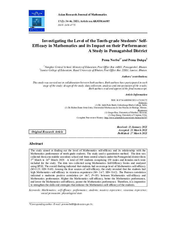 (PDF) Investigating the Level of the Tenth-grade Students’ Self-Efficacy in Mathematics and its ...