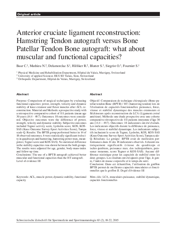 (PDF) Anterior cruciate ligament reconstruction: Hamstring Tendon autograft versus Bone Patellar ...