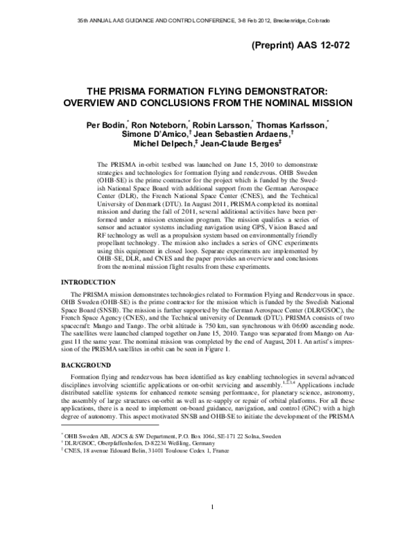 (PDF) Prisma Formation Flying Demonstrator: Overview and Conclusions from the Nominal Mission