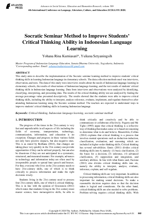 (PDF) Socratic Seminar Method to Improve Students’ Critical Thinking ...
