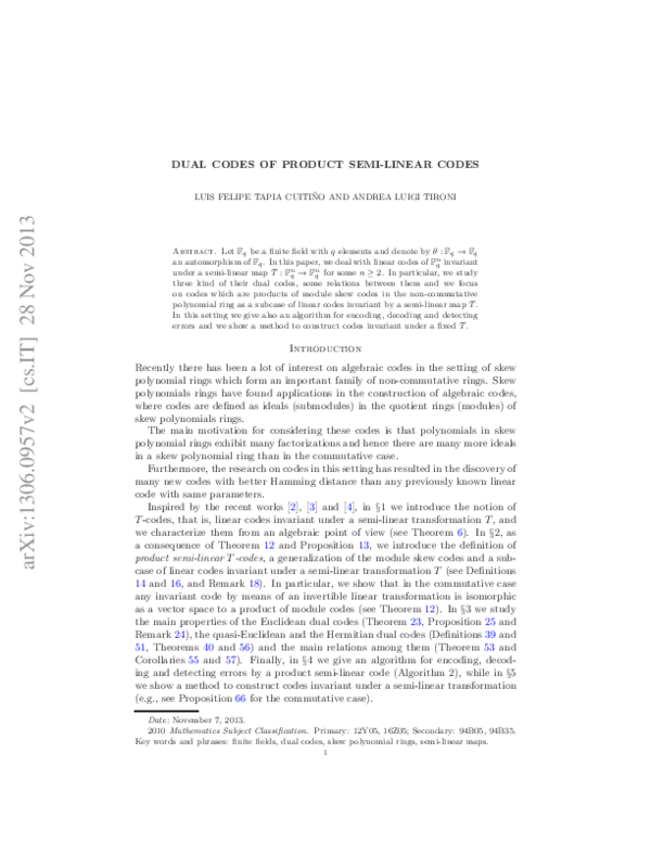Pdf Dual Codes Of Product Semi Linear Codes Andrea Luigi Tironi