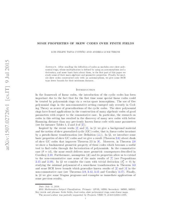 (PDF) Some properties of skew codes over finite fields