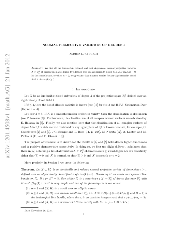 (PDF) Normal Projective Varieties of Degree 5