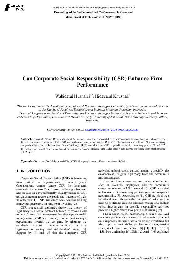 (PDF) Can Corporate Social Responsibility (CSR) Enhance Firm Performance