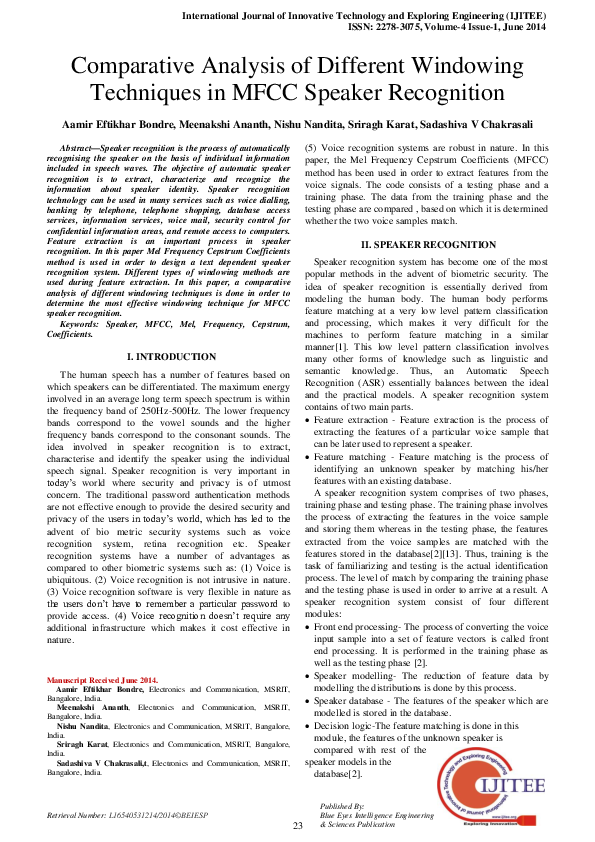 Comparative Analysis of Different Windowing Techniques in MFCC Speaker ...