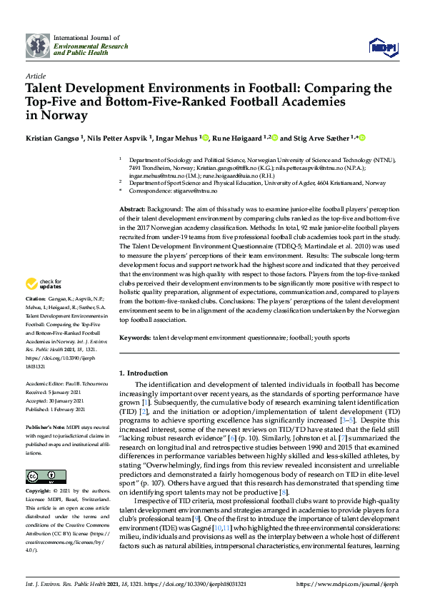 (PDF) Talent Development Environments in Football: Comparing the Top ...