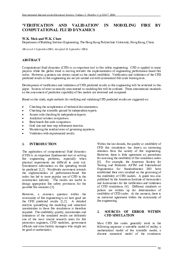 Pdf Verification And Validation In Modeling Fire By Computational Fluid Dynamics Wk Chow 3862