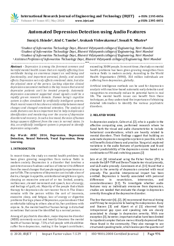 (PDF) Automated Depression Detection using Audio Features (PDF) Automated Depression Detection using Audio Features